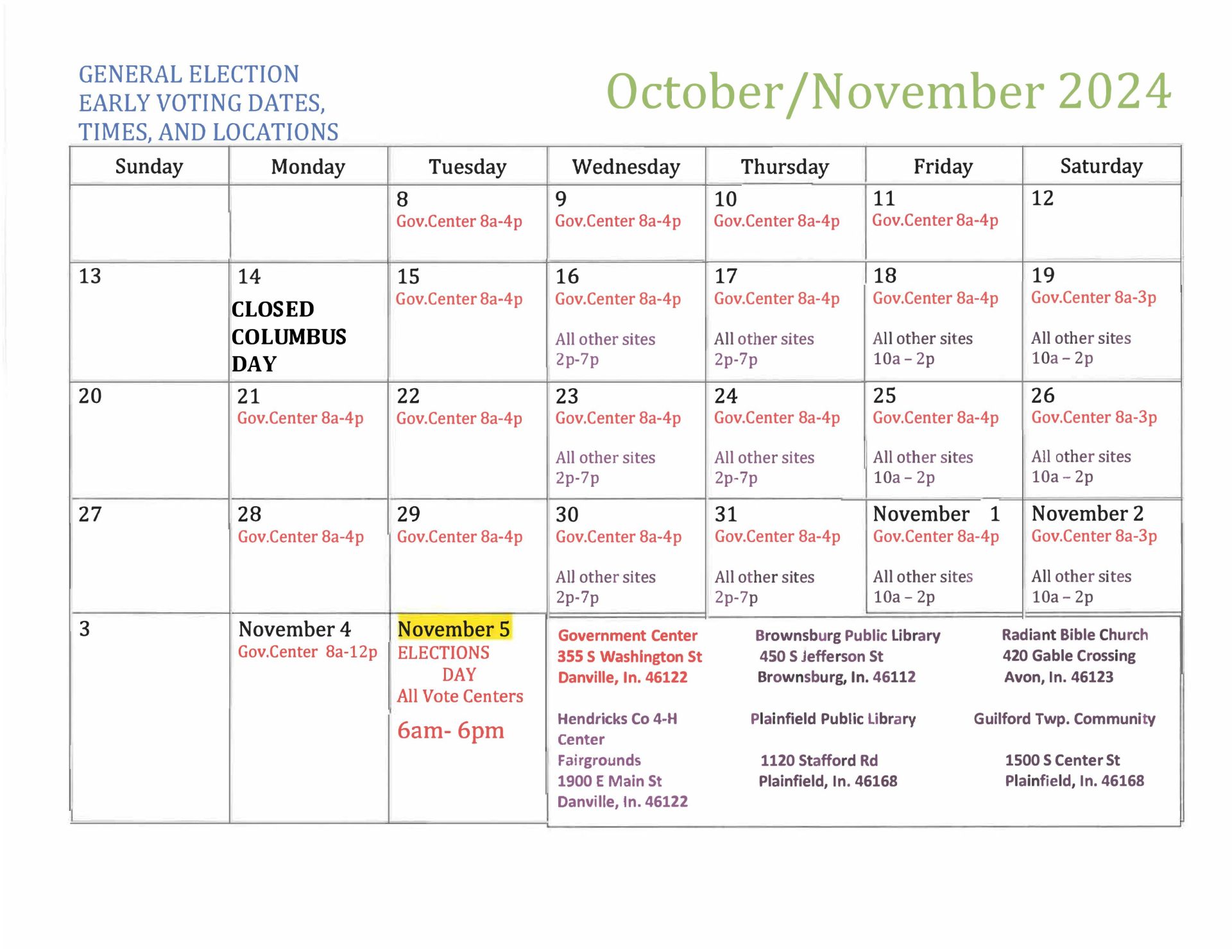 Hendricks County Early and General Election Voting Locations ...